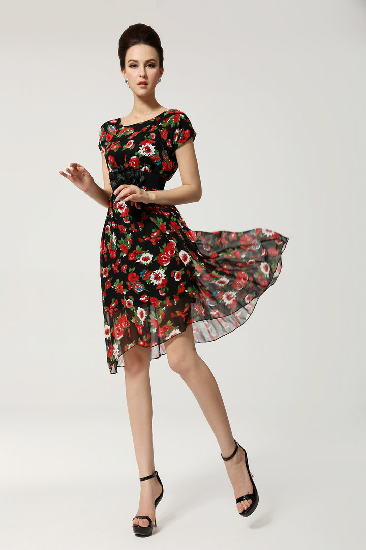 Fashion O Neck Flowers Print Sleeveless Rayon Knee Length Dress Dresses