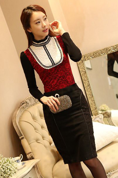 Fashion Turtleneck Long Sleeve Patchwork Red Lace Blouse Blousesandshirts