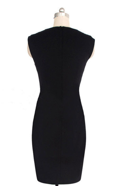 Sexy O Neck Tank Sleeveless Lace Patchwork Black Polyester Knee Length