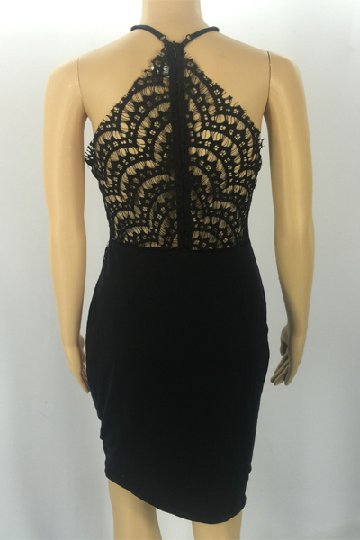 Sexy V Neck Spaghetti Strap Sleeveless Lace Patchwork Black Sheath Knee