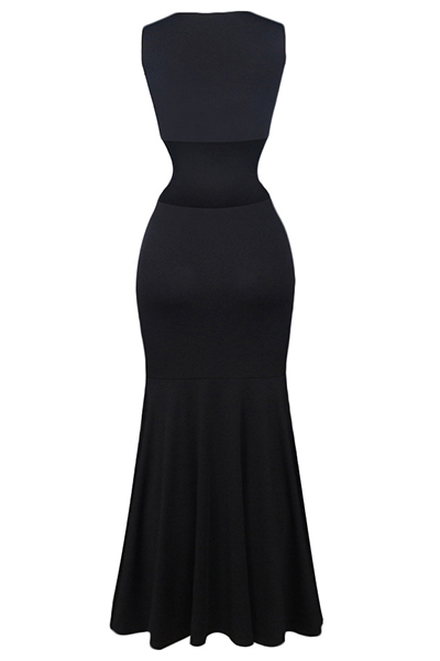 Sexy Round Neck Sleeveless Backless Black Polyester Mermaid Ankle