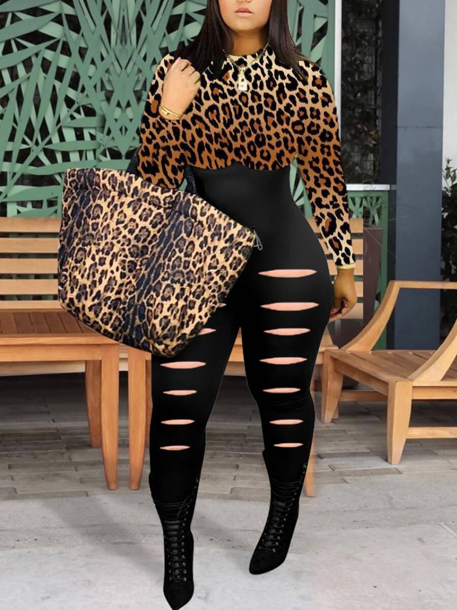 LW Leopard Print Ripped Jumpsuit Sale | LovelyWholesale