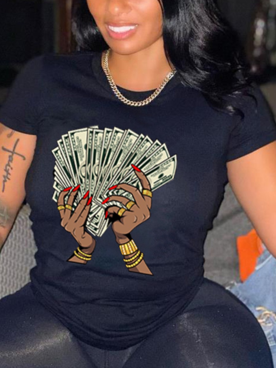 LW Round Neck Money Print T-shirt Sale | LovelyWholesale