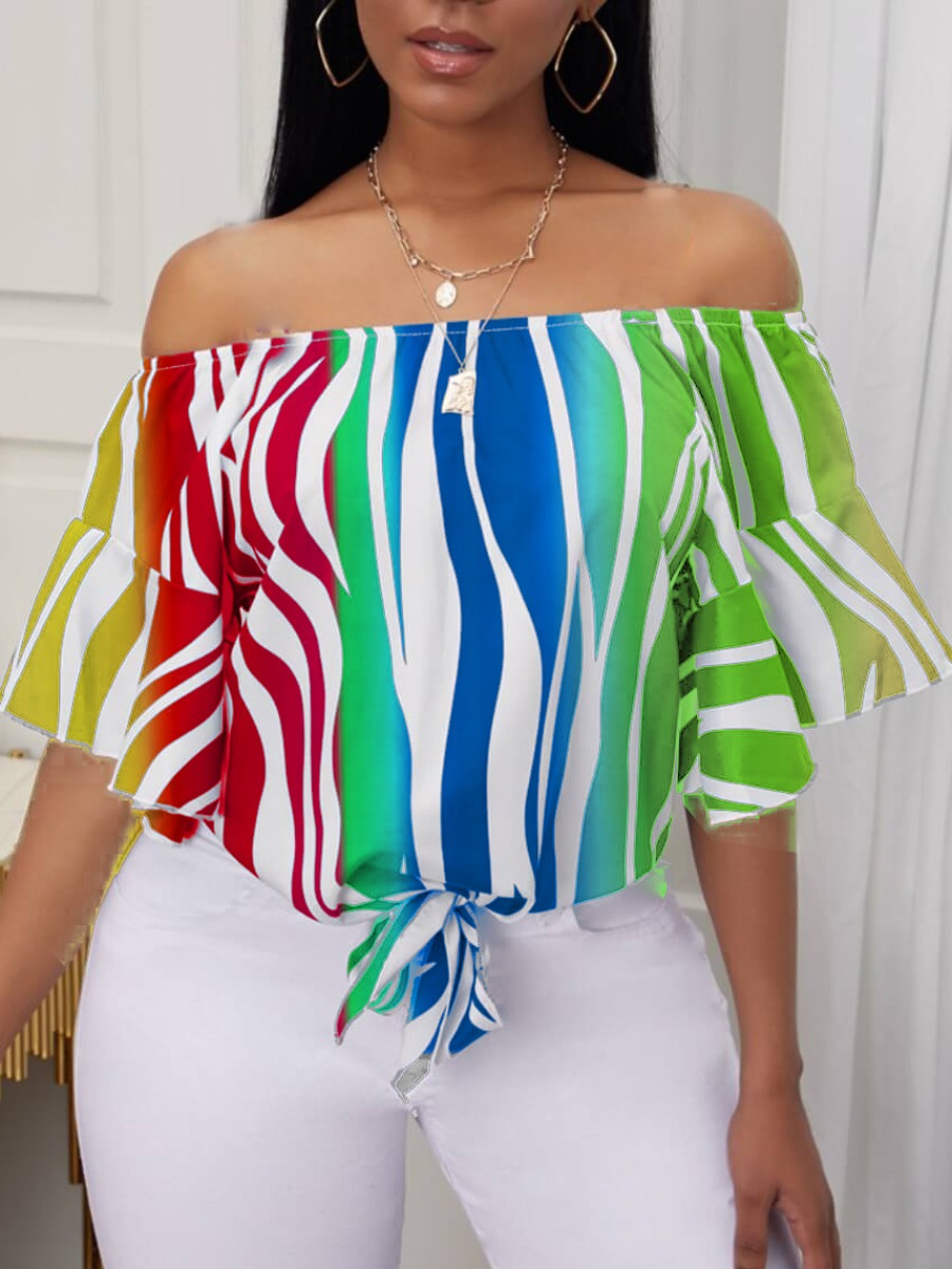 LW Casual Off The Shoulder Patchwork Multicolor Blouse Sale ...