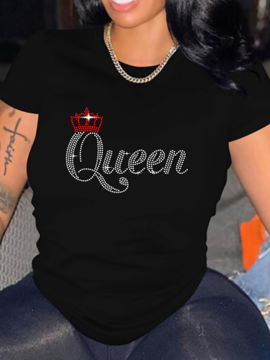 LW Rhinestone Milk Fiber Queen Letter Skinny T-shirt Sale | LovelyWholesale