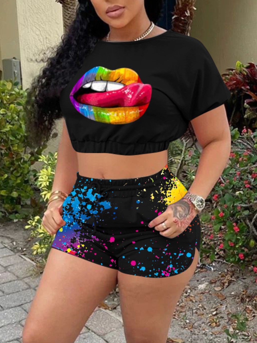 LW BASICS Crop Top Splash-ink Lip Print Shorts Set Sale | LovelyWholesale