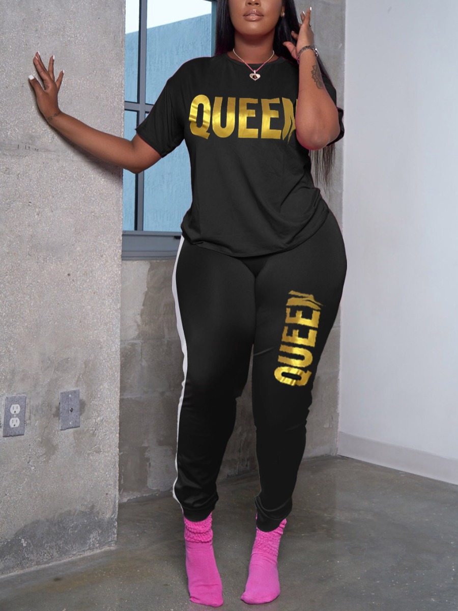 LW Queen Letter Print Striped Pants Set Sale | LovelyWholesale