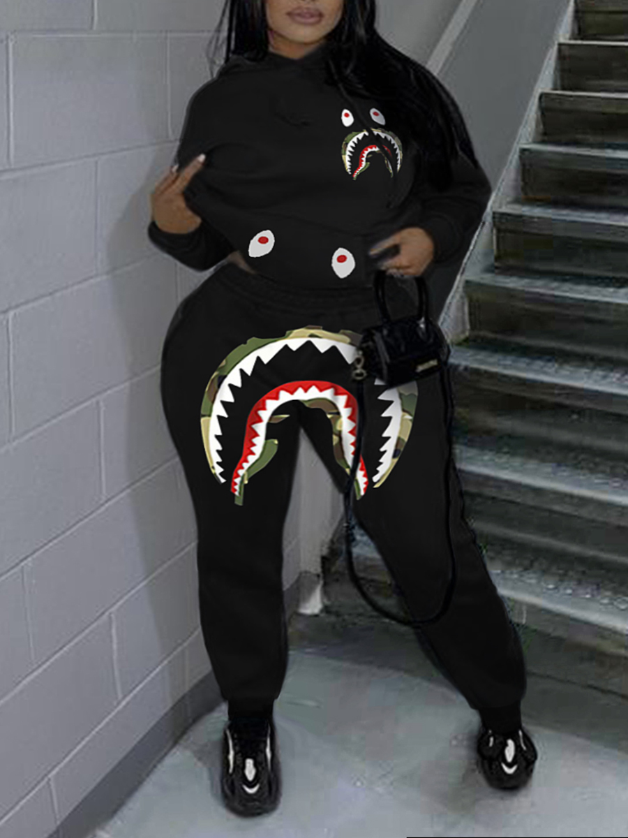 LW Plus Size Fish Mouth Print Kangaroo Pocket Tracksuit Set Sale ...
