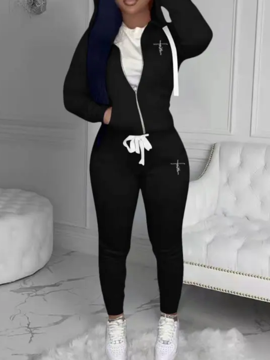 LW Hooded Collar Letter Print Tracksuit Set Sale | LovelyWholesale