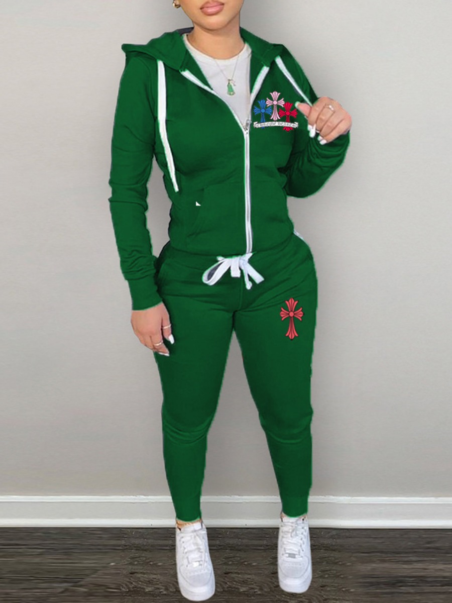 LW Cross Print Kangaroo Pocket Tracksuit Set Sale | LovelyWholesale