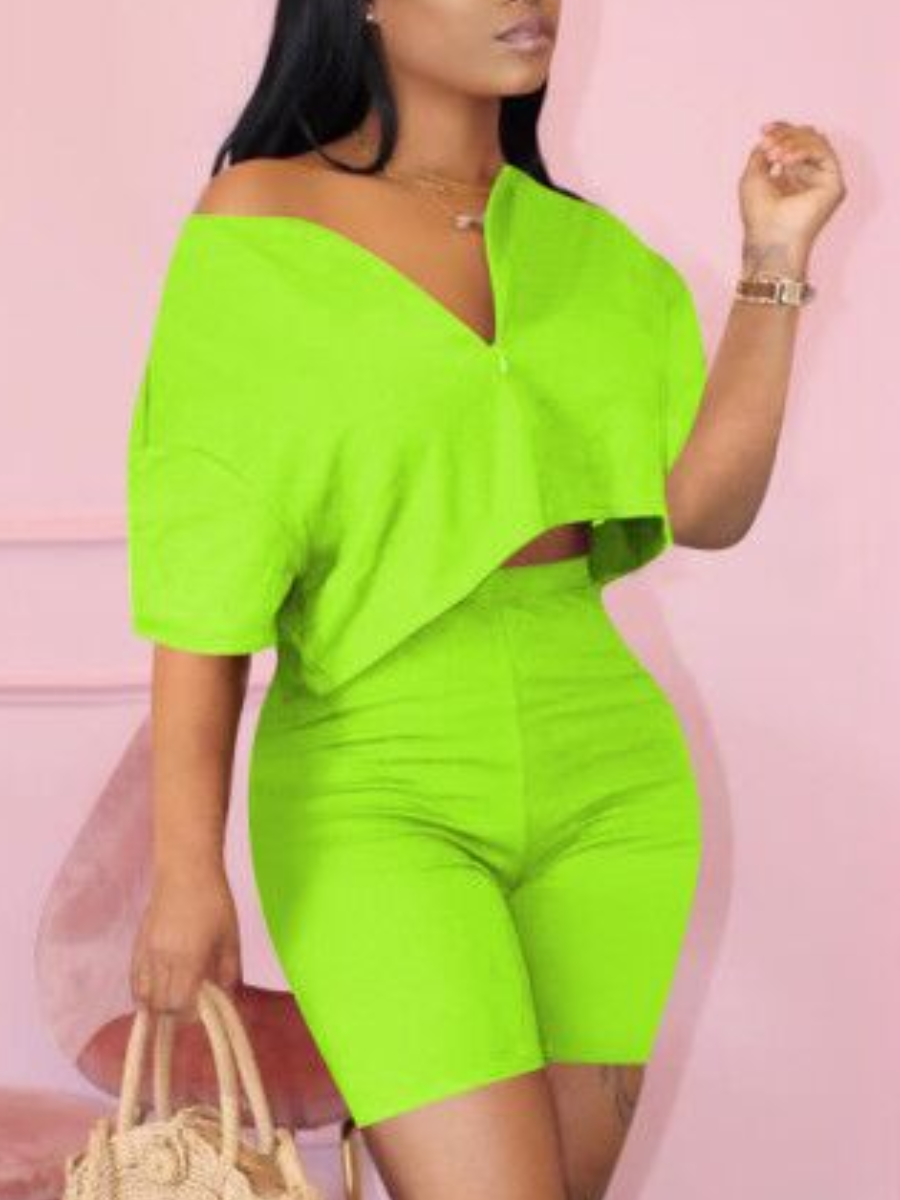 LW Casual V Neck Elastic Green Two Piece Shorts Set Sale | LovelyWholesale