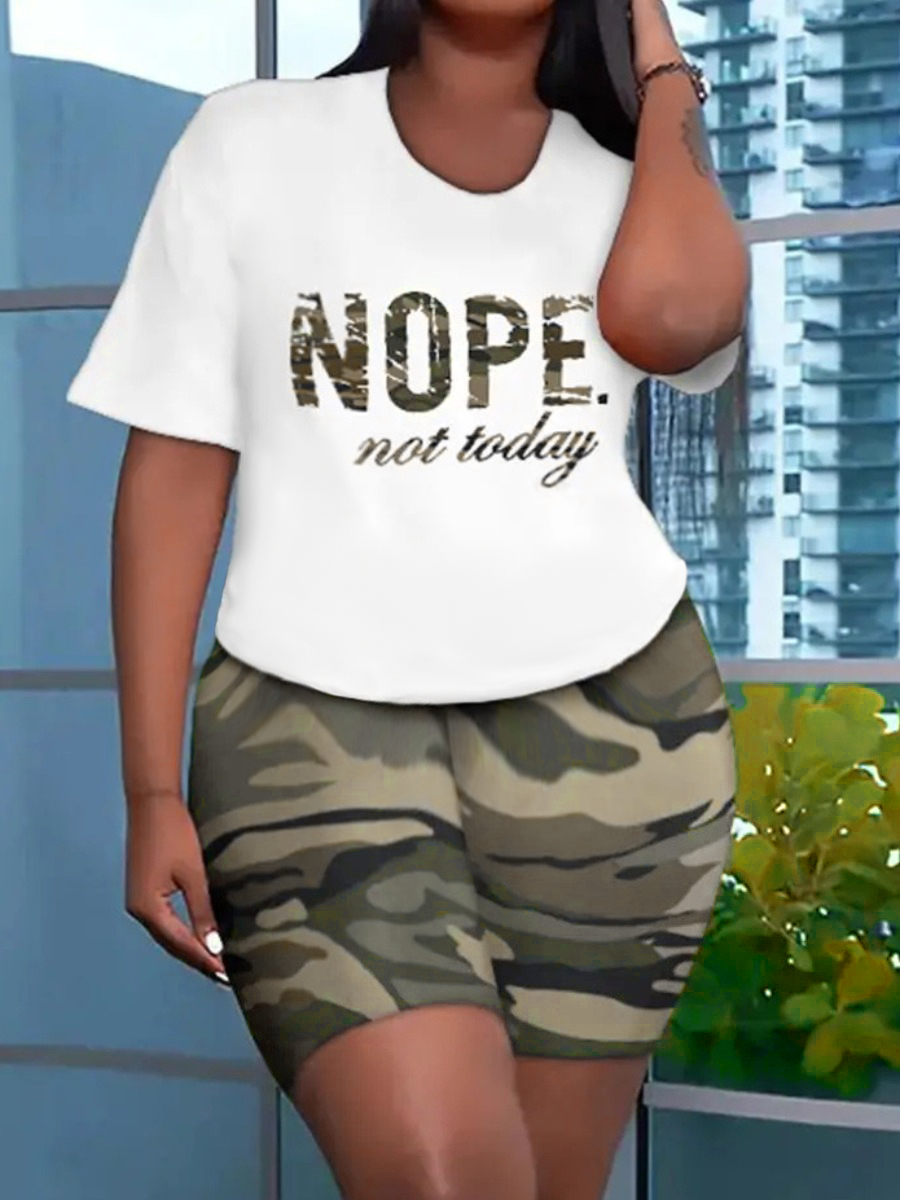 LW Plus Size Camo Nope Not Today Letter Print Shorts Set Sale ...