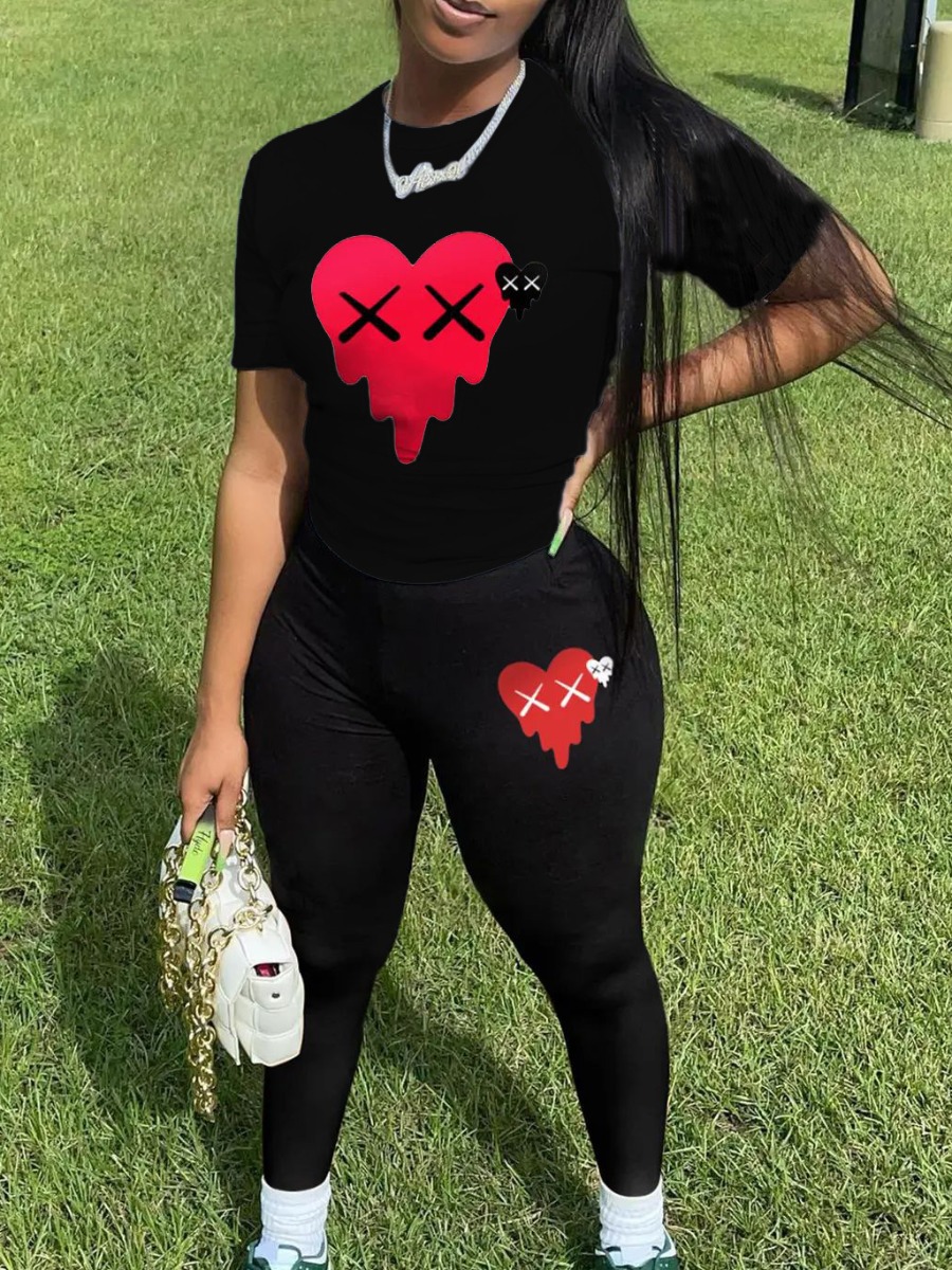 LW Heart Print Skinny Stretchy Pants Set Sale | LovelyWholesale