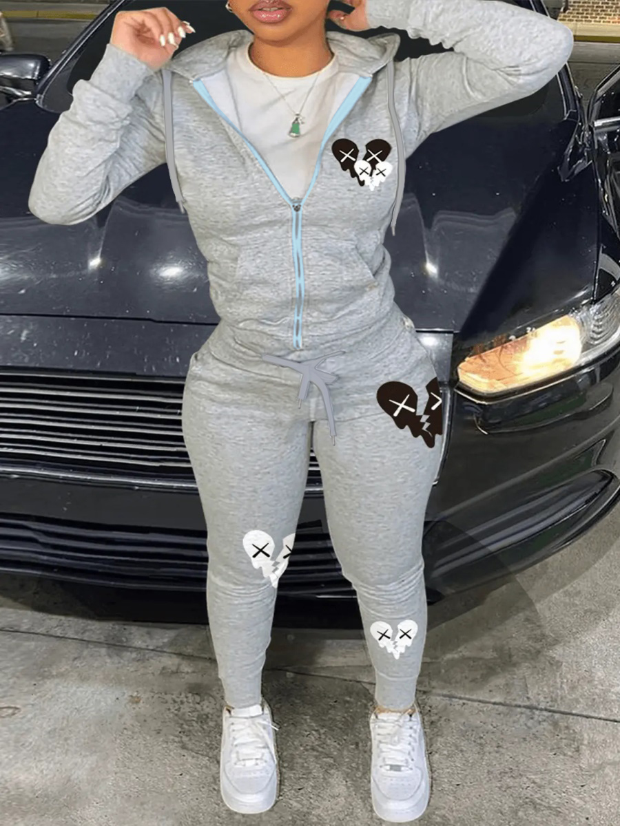 LW Hooded Collar Broken Heart Print Tracksuit Set Sale | LovelyWholesale