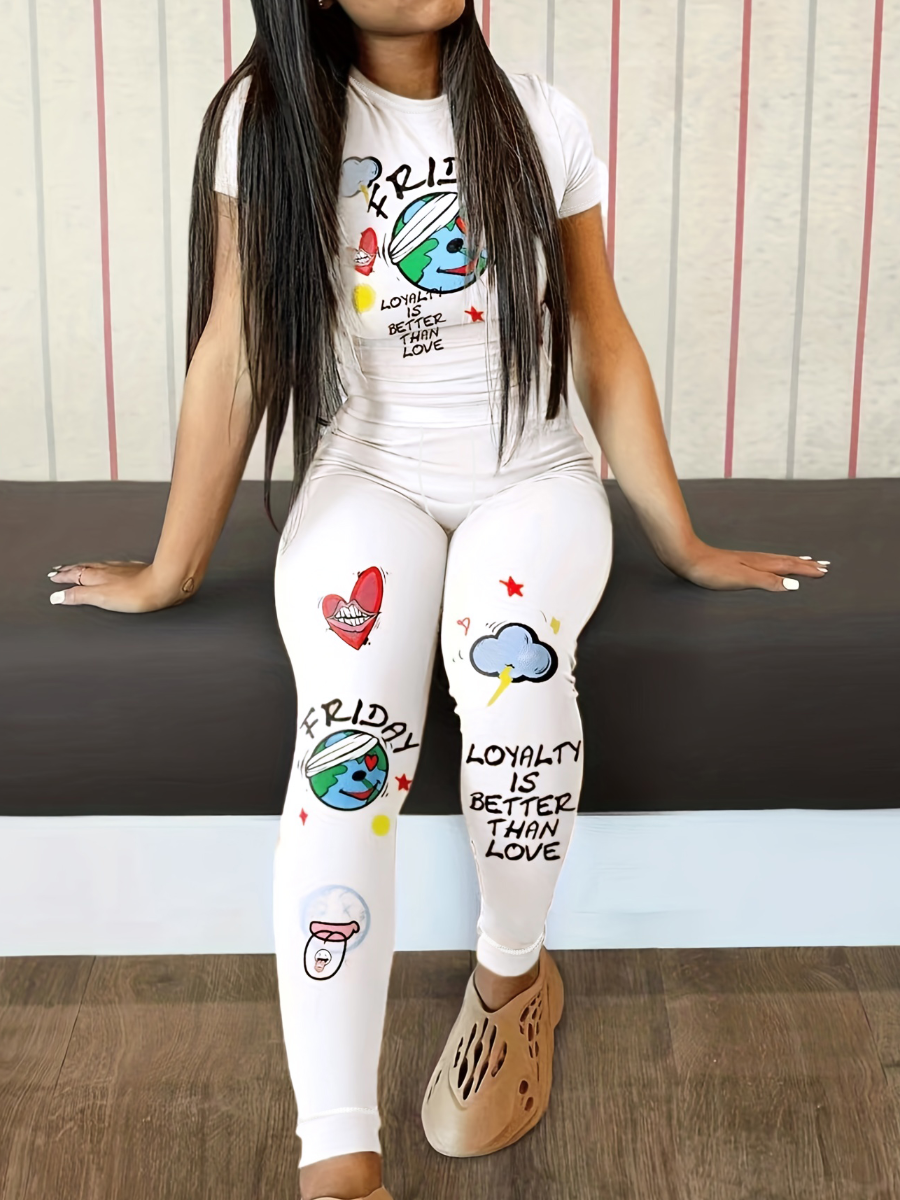 LW Cartoon Loyalty Is Better Than Love Print Pants Set Sale ...
