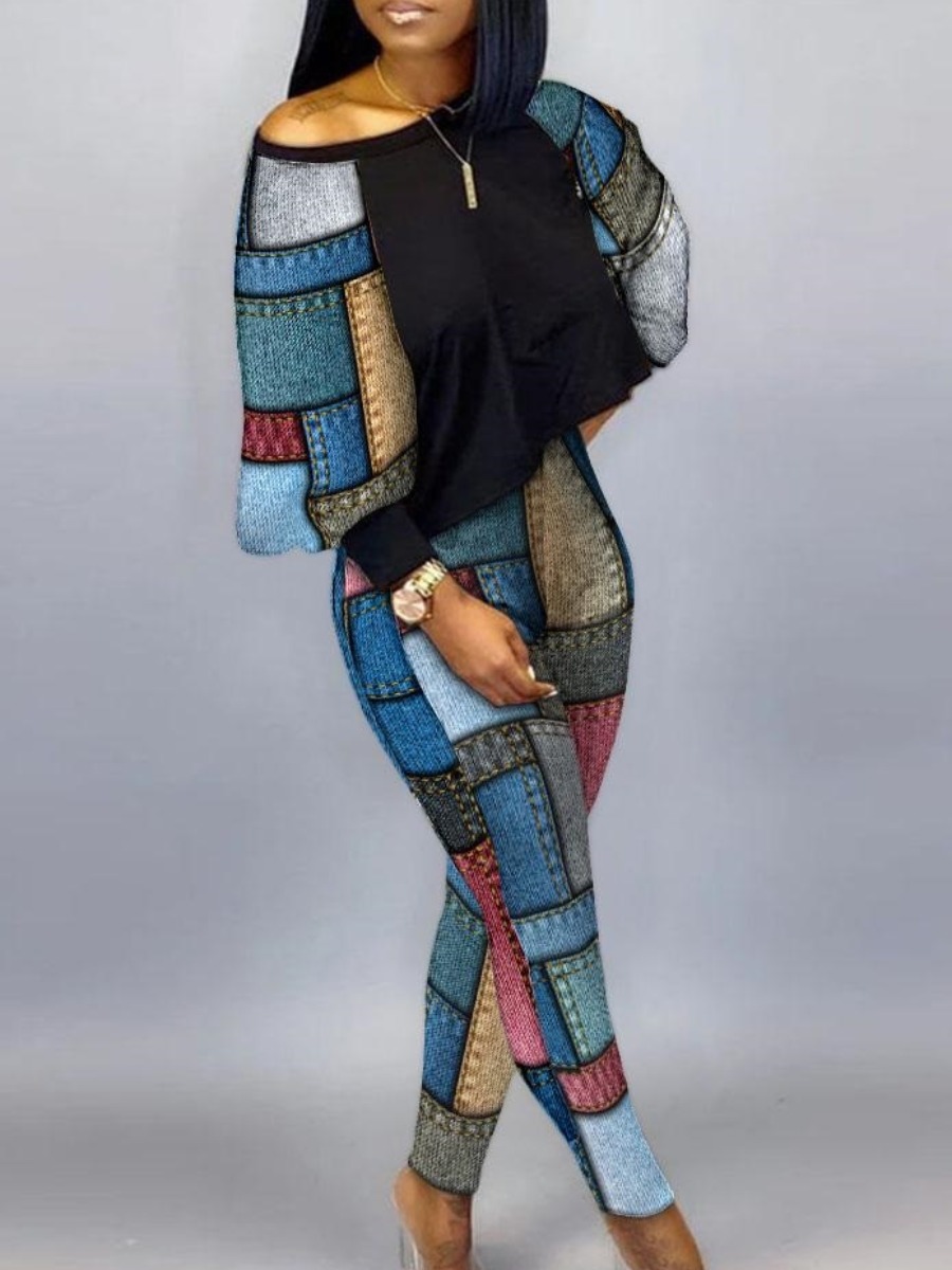 LW Plus Size Round Neck Color Lump Patchwork Pants Set Sale ...